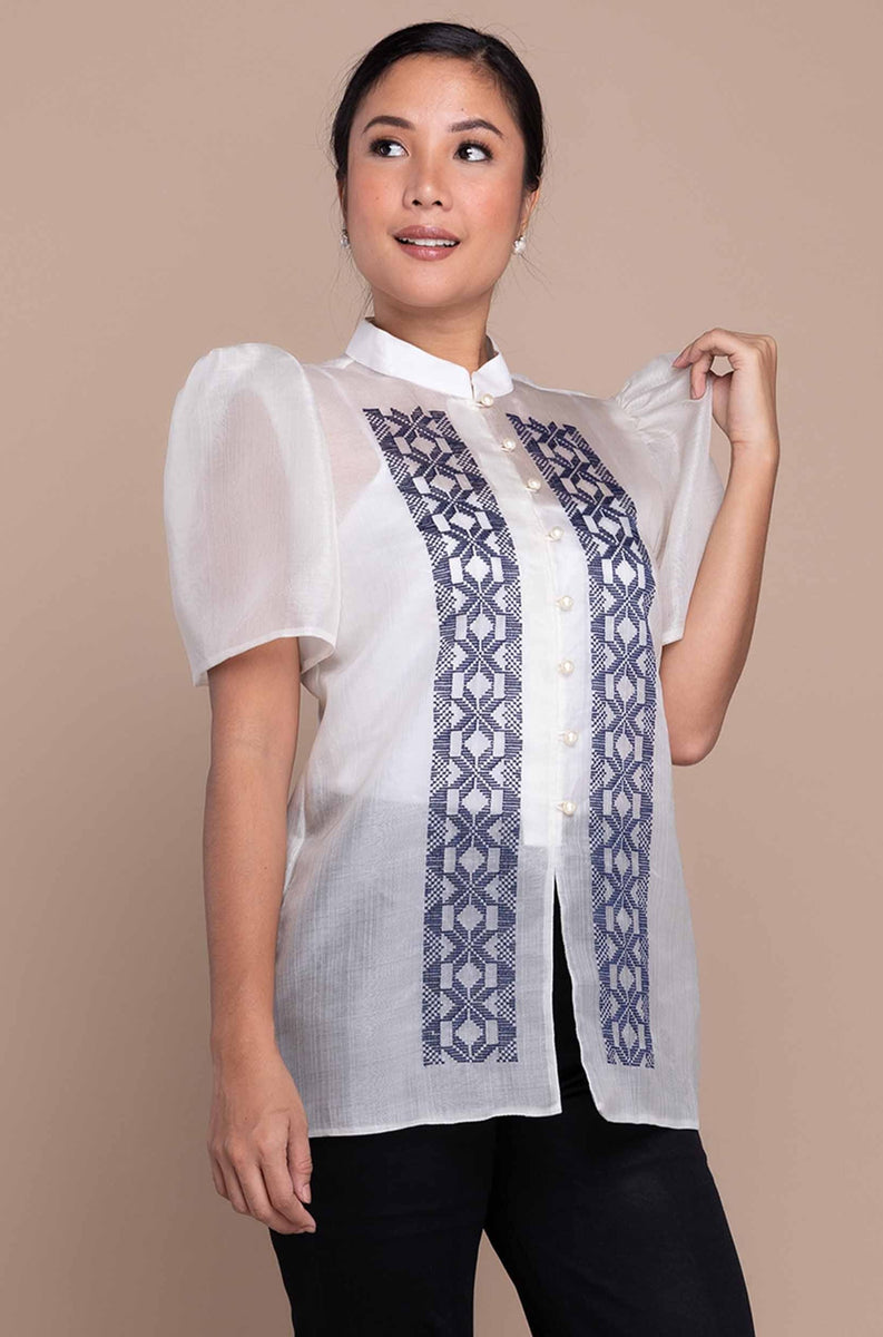 Modern Filipino Outfit - Silk Cocoon with Puff Sleeves Terno Top ...