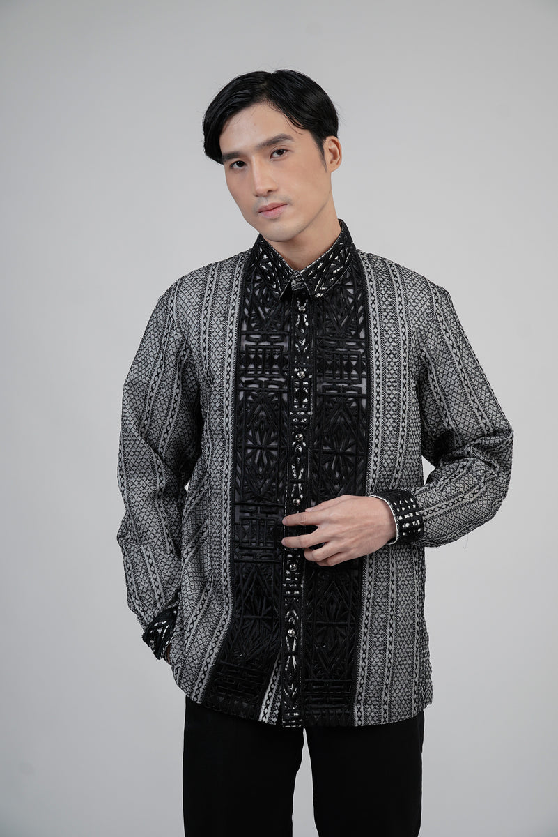 Men's Fully Calado Barong with Straight Cutworks in Black | Kultura ...