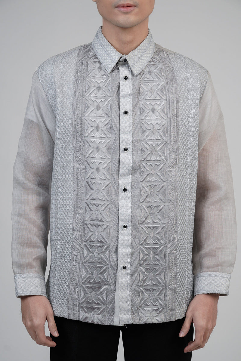 Men's Cocoon Embroidered Long sleeved Barong in Grey | Kultura Filipino ...