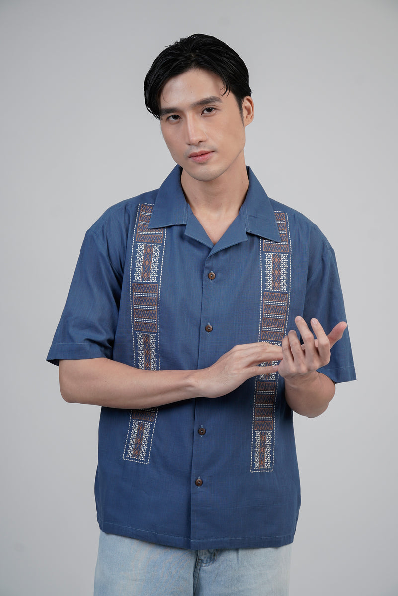 Open Collar Shirt with Ethnic Embroidery in Blue | Kultura Filipino ...