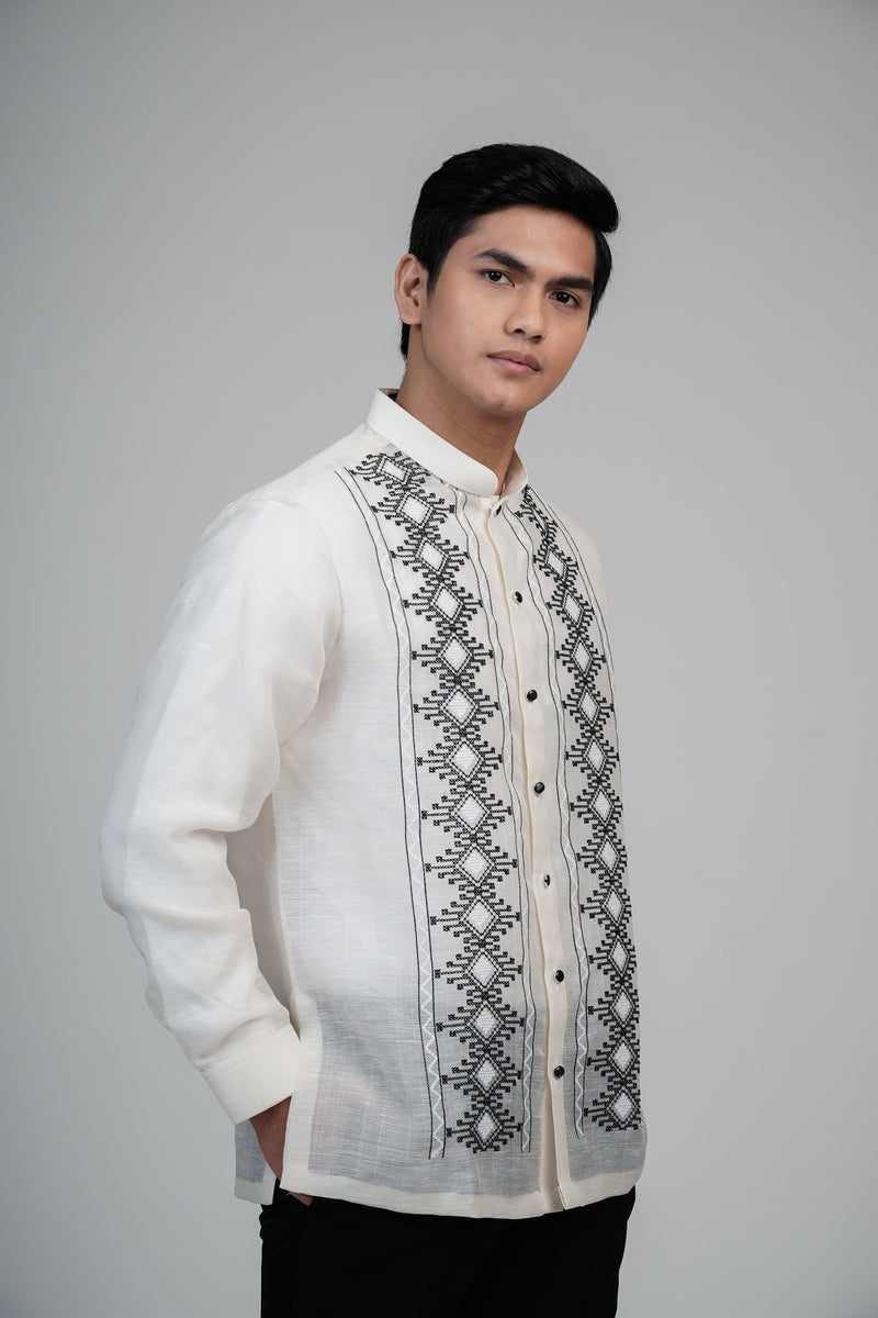 Men's Long Sleeved Barong with Black Embroidery Philippines | Kultura ...