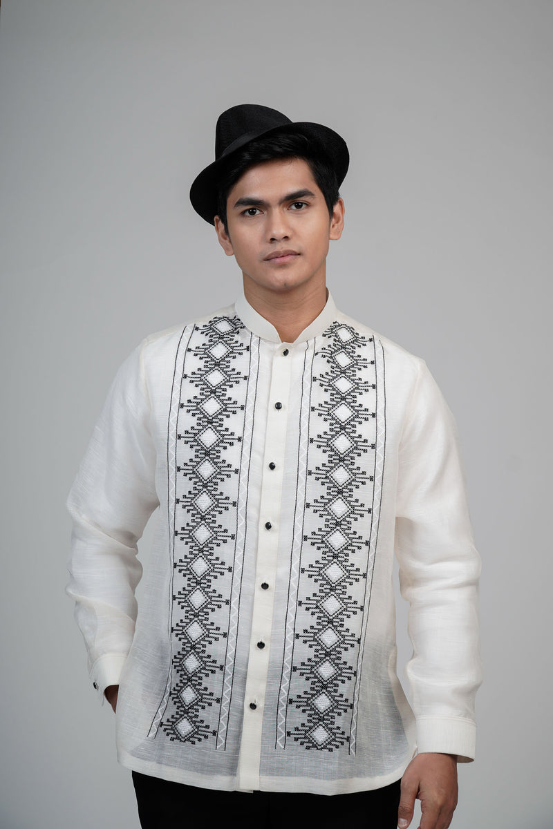 Men's Long Sleeved Barong with Black Embroidery Philippines | Kultura ...