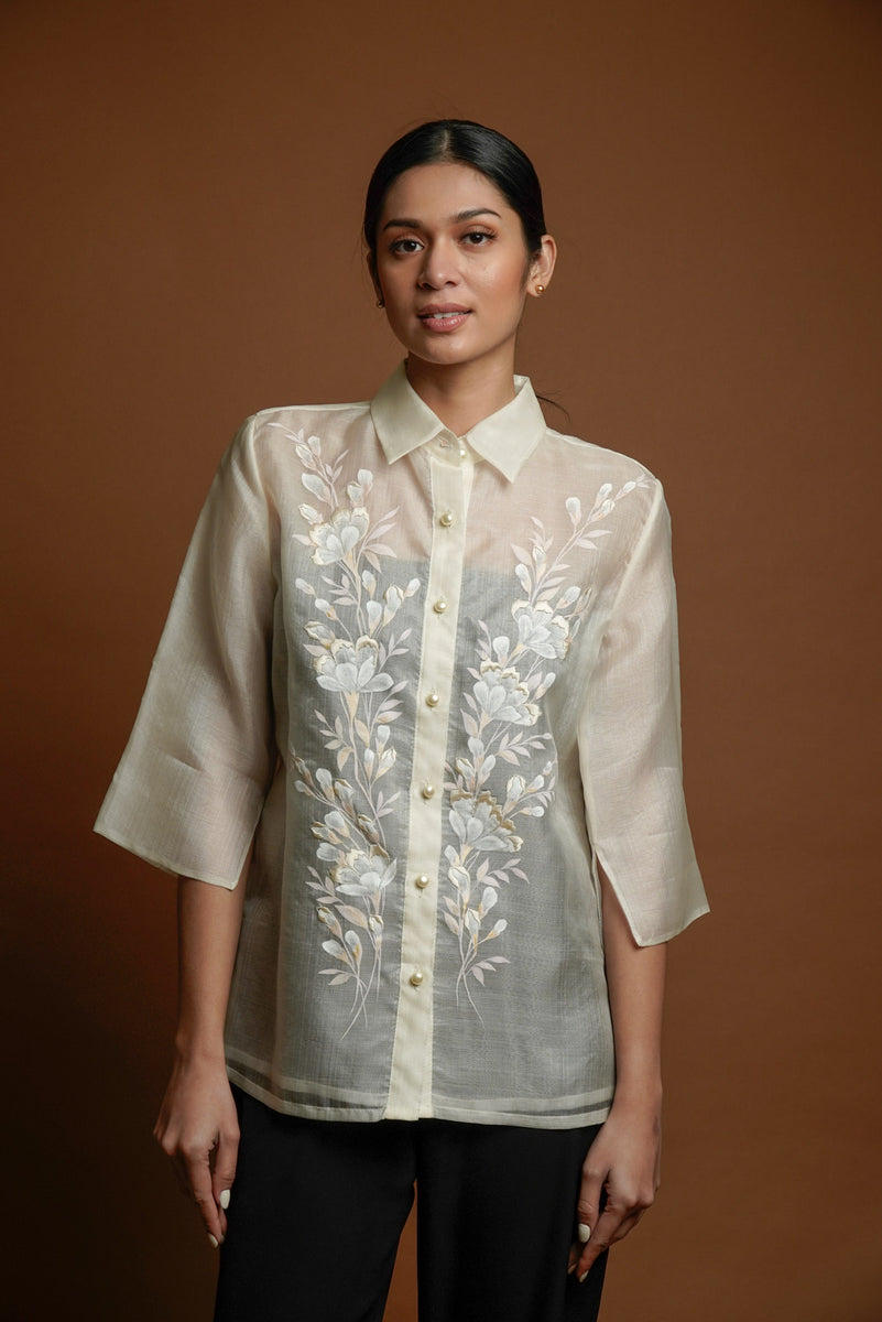 Women's Handpainted Silk Cocoon Barong with Embroidered Accents in ...