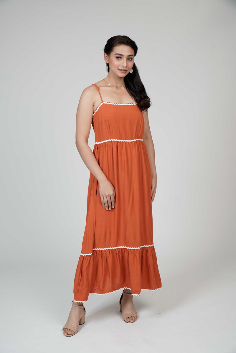 Women's Strappy Maxi Dress with Ricrac Design in Rust – Kultura ...