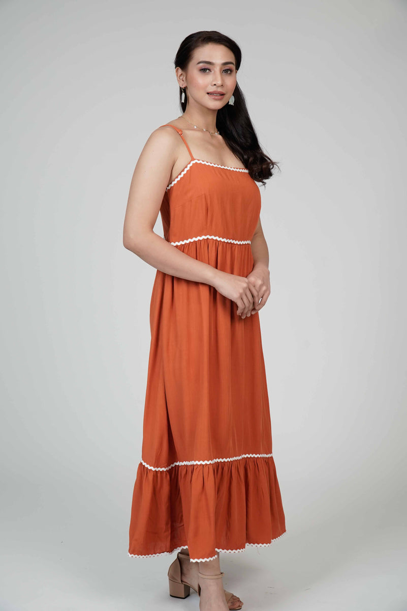 Women's Strappy Maxi Dress with Ricrac Design in Rust – Kultura ...