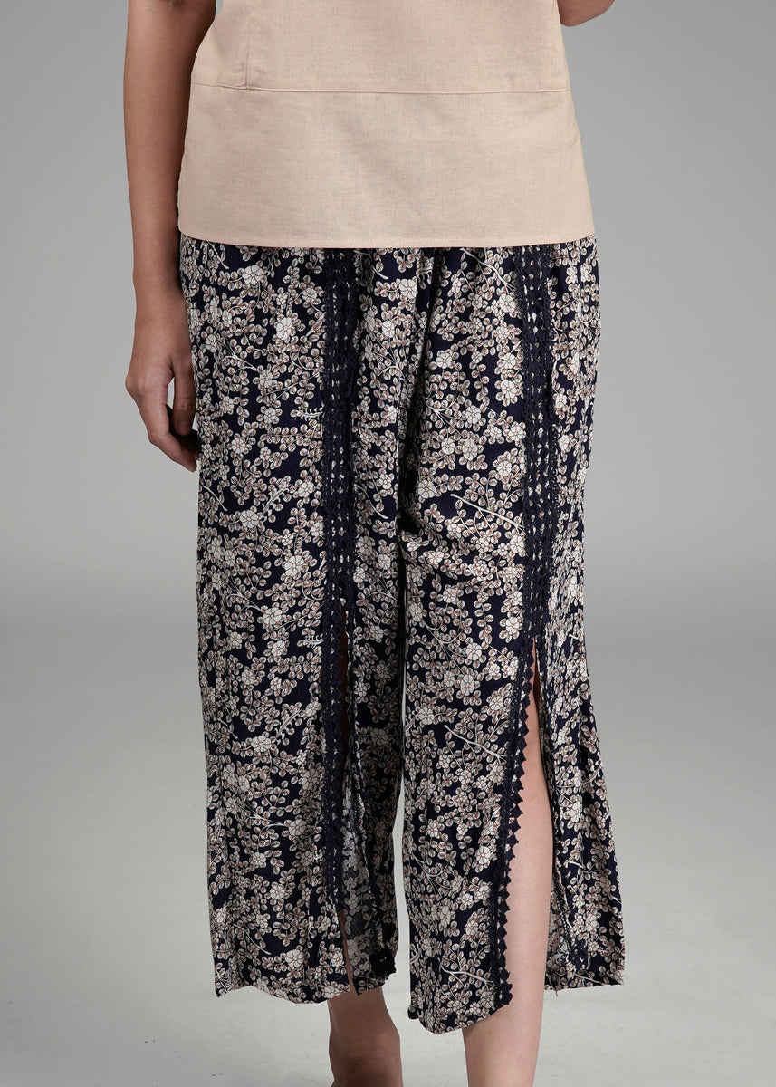 Women's Floral Printed Pants with Lace Accent in Navy Blue – Kultura ...